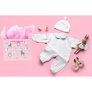 Lyforpyton Medium Gift Bags with Tissue Paper 9" Pink Zoo Gift Bags for Kids Girls Birthday Party, New Parents, Baby Shower