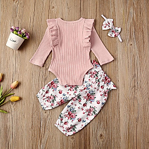 Newborn Infant Baby Girls Easter Outfits Bunny Long Sleeve Knitted Romper Bodysuit Floral Pants with Headband 3Pcs Clothes Set (Shrimp Pink, 0-6 Months)