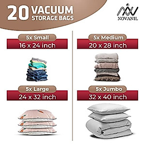 VACUUM STORAGE BAGS WITH HAND PUMP, VARIETY 20 PACK (5 JUMBO, 5 LARGE, 5 MEDIUM, 5 SMALL), VACUUM SEALER COMPRESSION BAGS FOR CLOTHES, DUVETS, PILLOWS, TRAVEL, AND MOVING, SEVEN LAYERS, DOUBLE-ZIP