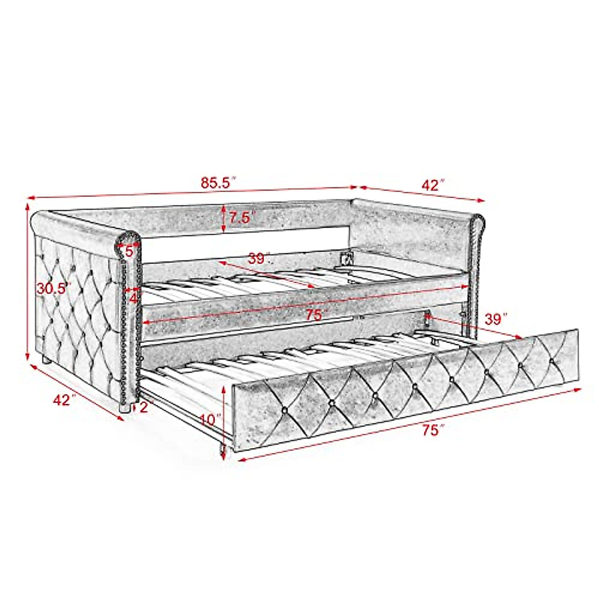 Antetek Daybed with Trundle, Fabric Upholstered Twin Size Day Bed Button-Tufted Sofa Daybed Frame w/Twin Roll-Out Trundle, No Box Spring Needed, Furniture for Bedroom, Living Room, Guest Room, Grey