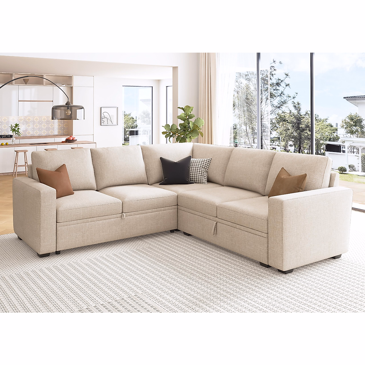 HONBAY Modular Sectional Sleeper Sofa with Pull Out Bed, L Shaped Sectional Couch with Storage Seat, Convertible Sectional Couches for Living Room, Beige
