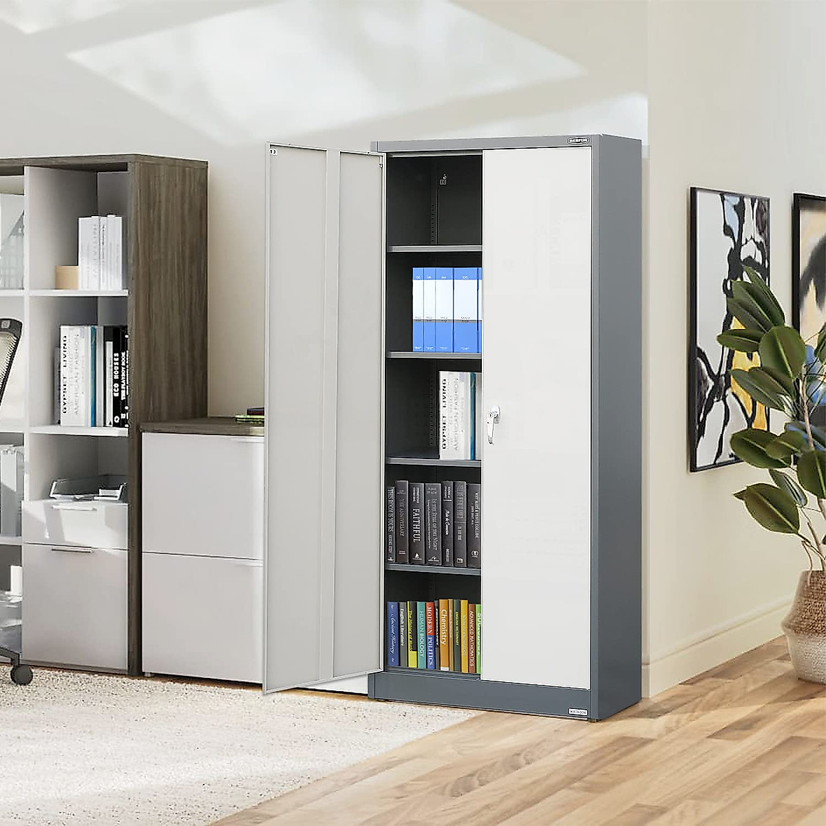 BESFUR Metal Storage Cabinet with Locking Doors and Adjustable Shelves, Steel Storage Cabinet for Office, Garage, Warehouse, Classroom, Pantry, 70.86" H x 31.5" W x 15.75" D (Light Grey & Dark Grey)