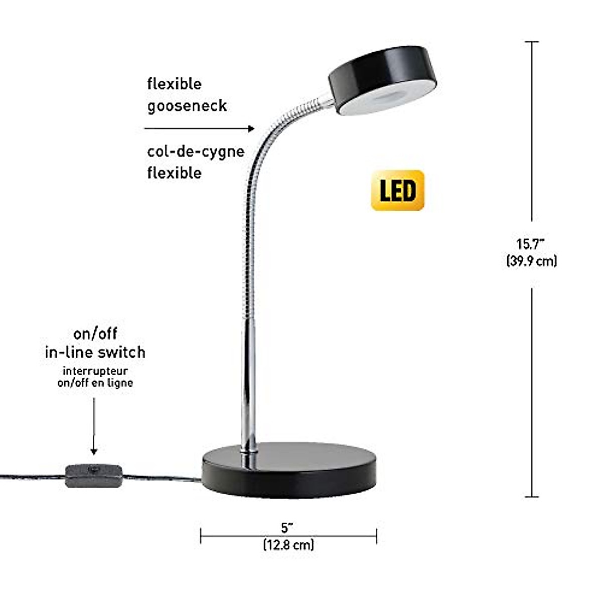 Globe Electric 12643 Energy Star Integrated LED Desk Lamp, Matte Black, Chrome Gooseneck, 5 Watts, 250 Lumens