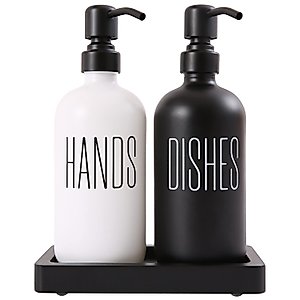 Prus Waso Soap Dispenser Set, Contains Dish and Hand Soap Dispenser. Dish Soap Dispenser for Kitchen Sink with Stainless Steel Pump, Perfect for Farmhouse Kitchen Decor. (Black & White2)