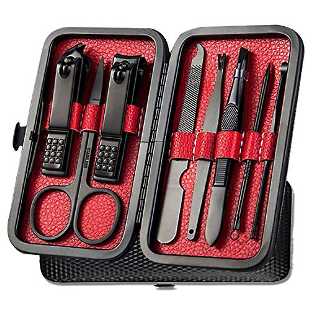 Manicure Pedicure Kit Nail Clippers Set 18 in 1 High Precision Stainless Steel Cutter File Sharp Scissors for Men & Women Fingernails & Toenails Vibrissac Scissors with Stylish Case (black&red_8in1)
