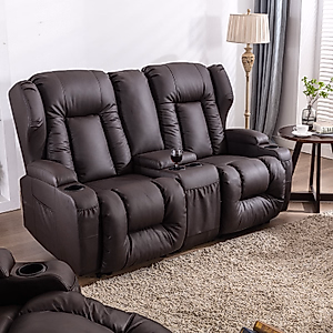 SAMERY RV Loveseat Recliner Sofa, Manual Reclining Loveseat with Console, 2 Seat Recliner Sofa Chair for Living Room RV Theater Recliner Love Seat with Cup Holders/Pockets/Pillows