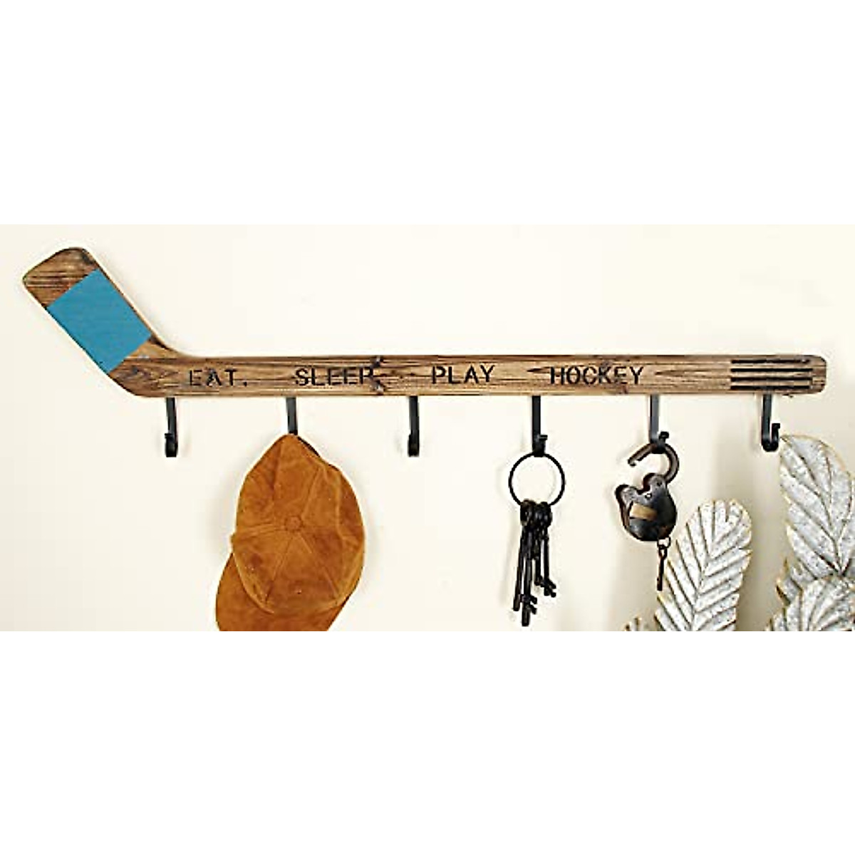 Deco 79 Wood Hockey Stick 6 Hangers Wall Hook, 40" x 2" x 11", Brown