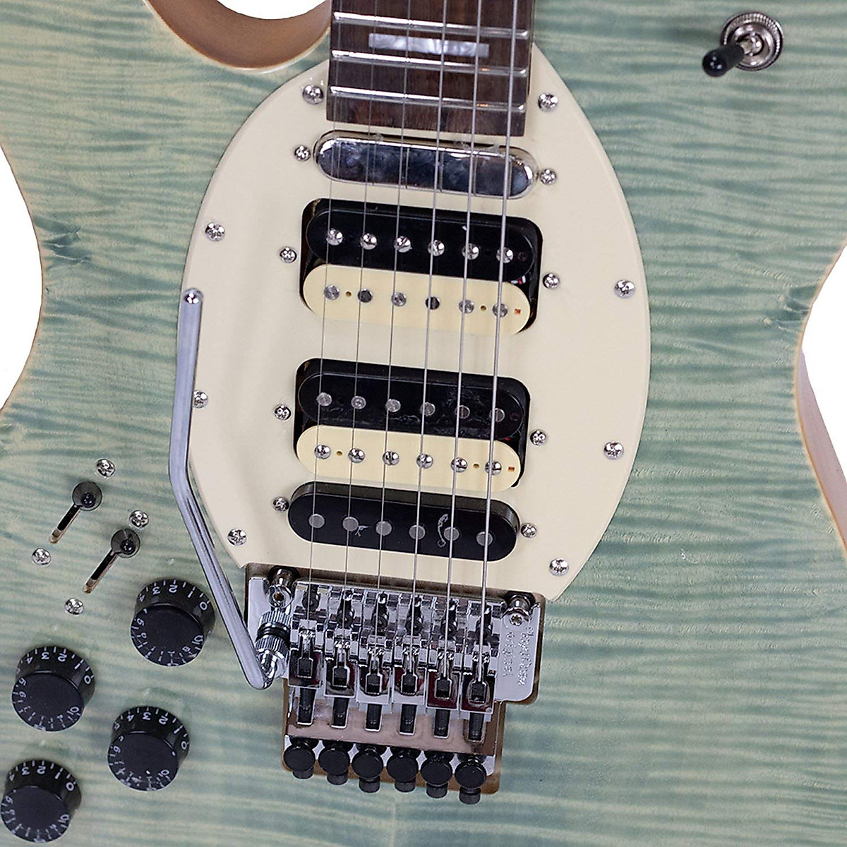 GoDpsMusic 6 String Solid-Body Electric Guitar, Left-Handed Grass-Stained Blue Jean (ST-ET-LH-HYBRID-FL-FMBLJ-KIT)