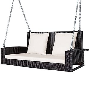 Tangkula 2-Person Wicker Hanging Porch Swing, Patiojoy Outdoor Rattan Swing Bench W/ 2 Back Cushions & 1 Seat Cushion, Sturdy Steel Chain, 800lbs Weight Capacity, Suitable for Deck, Backyard, Garden