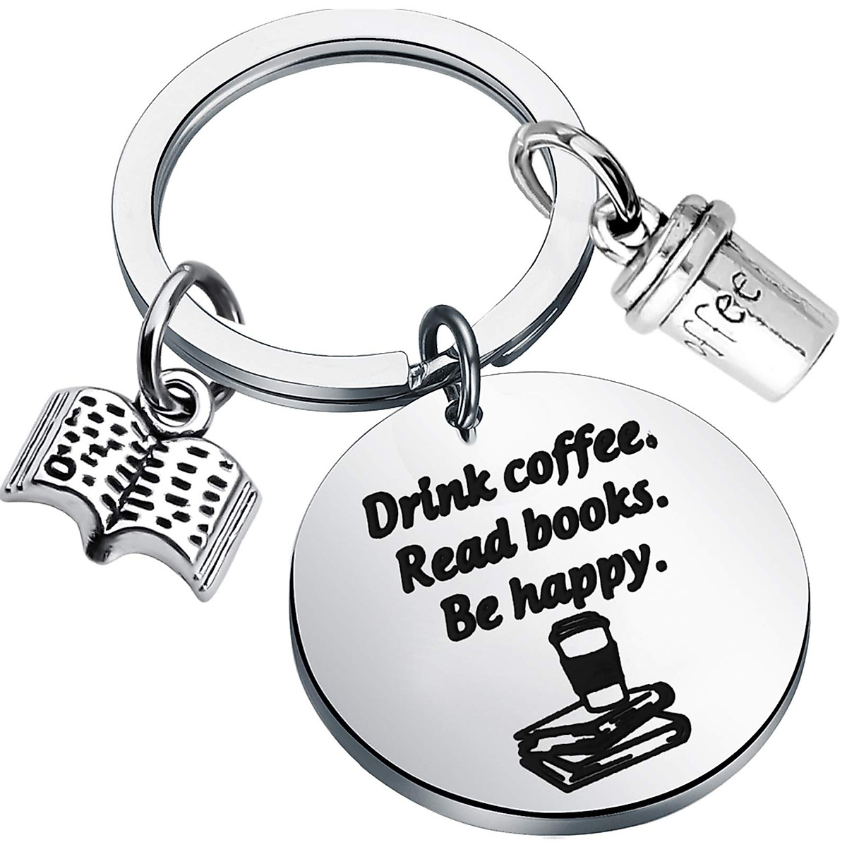 BEKECH Book Lovers Gift Coffee Lovers Gift Drink Coffee Read Books Be Happy Keychain Gift for Reading Lovers Bookworms Reader Book Club Gift Librarian Gift (silver)