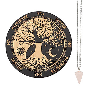 INFUNLY Witch Pendulum Board Tree of Life Round Wooden Divination Board 7.9" Sun Moon Metaphysical Message Board with Crystal Necklace Witchcraft Wicca Altar Supplies Kit