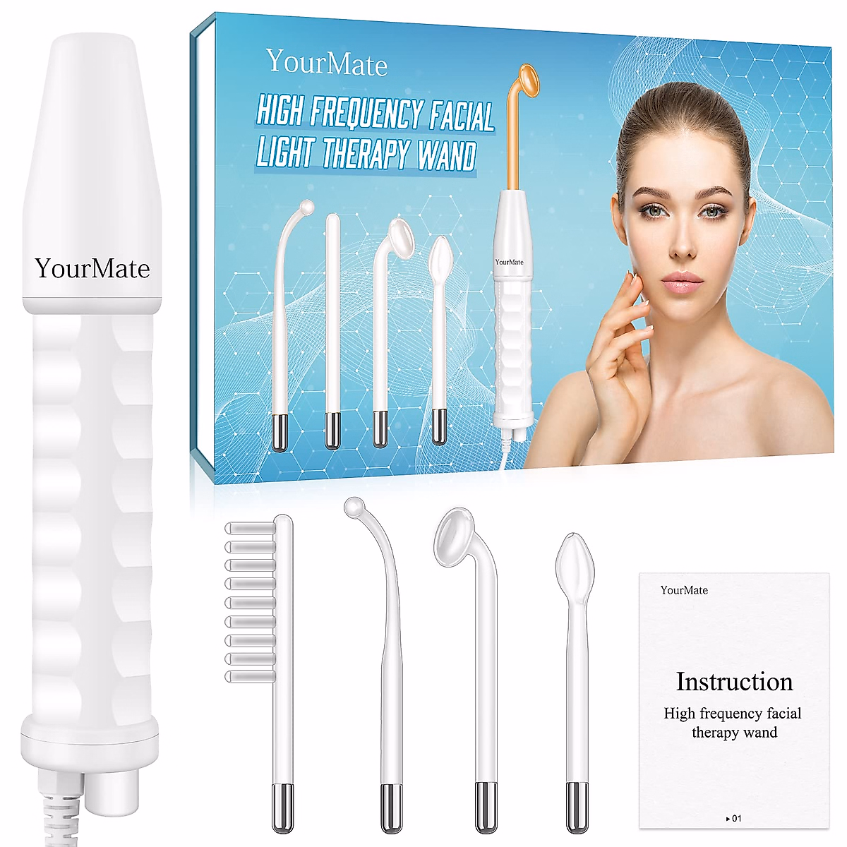 YourMate Handheld Phototherapy Device High Frequency Wand/Machine with Neon Tubes for Face Chin Neck Hair, Facial Skin Wand Machine with 4 Different Tube