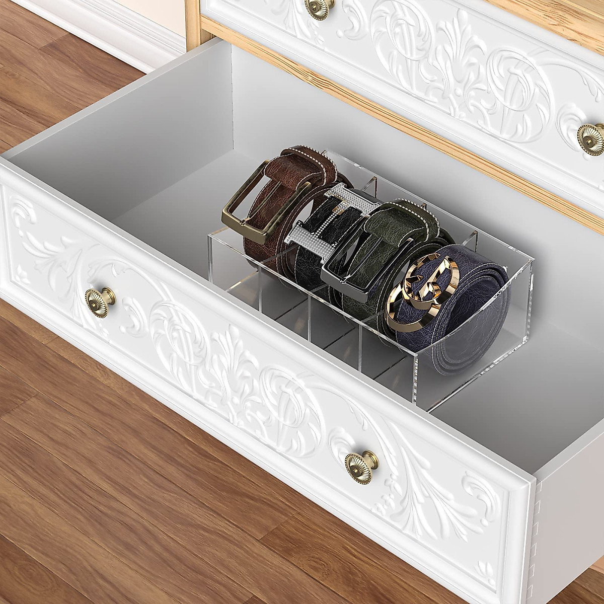 KDSKSC Belt Organizer, Acrylic Belt Storage Holder for The Closet and Drawer, 5 Compartments Belt Container Clear Display Case for Tie and Bow Tie