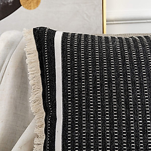 OJIA Modern Throw Pillow Cover with Tassels, Decorative Liana Fringe Accent Cushion Case, Farmhouse Woven Pillowcase for Sofa Chair Couch Bed Decor (Lumbar 18 x 18 Inches, Black)