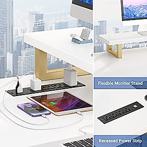 Unikito U Shaped Desk with LED Strip and Power Outlet, Reversible Large Corner Computer Desk with Monitor Stand and Storage Shelf, 83 Inch U Shape Office Desks, 2 Person L Shaped Gaming Table, White