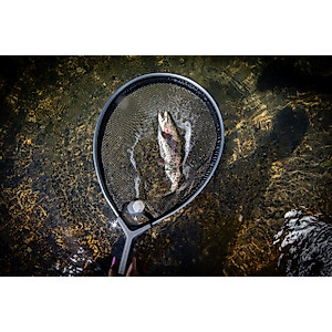 Frabill Floating Trout Net, 13" x 18", Black Finish, Fish Landing Net, Tangle-Free Micromesh Netting is Gentle on Fish, Comfortable Handle with Built-in Lanyard and Carabiner