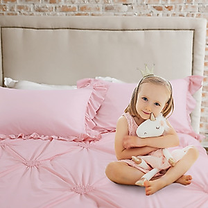 ROYALAY Pink Bedding Kids Comforter Sets for Girls Ruffle Bedding Set Full/Queen Size with 2 Pillow Shams, Blush Pinch Pleat Comforter for All Season (Pink, Full-81"x86")