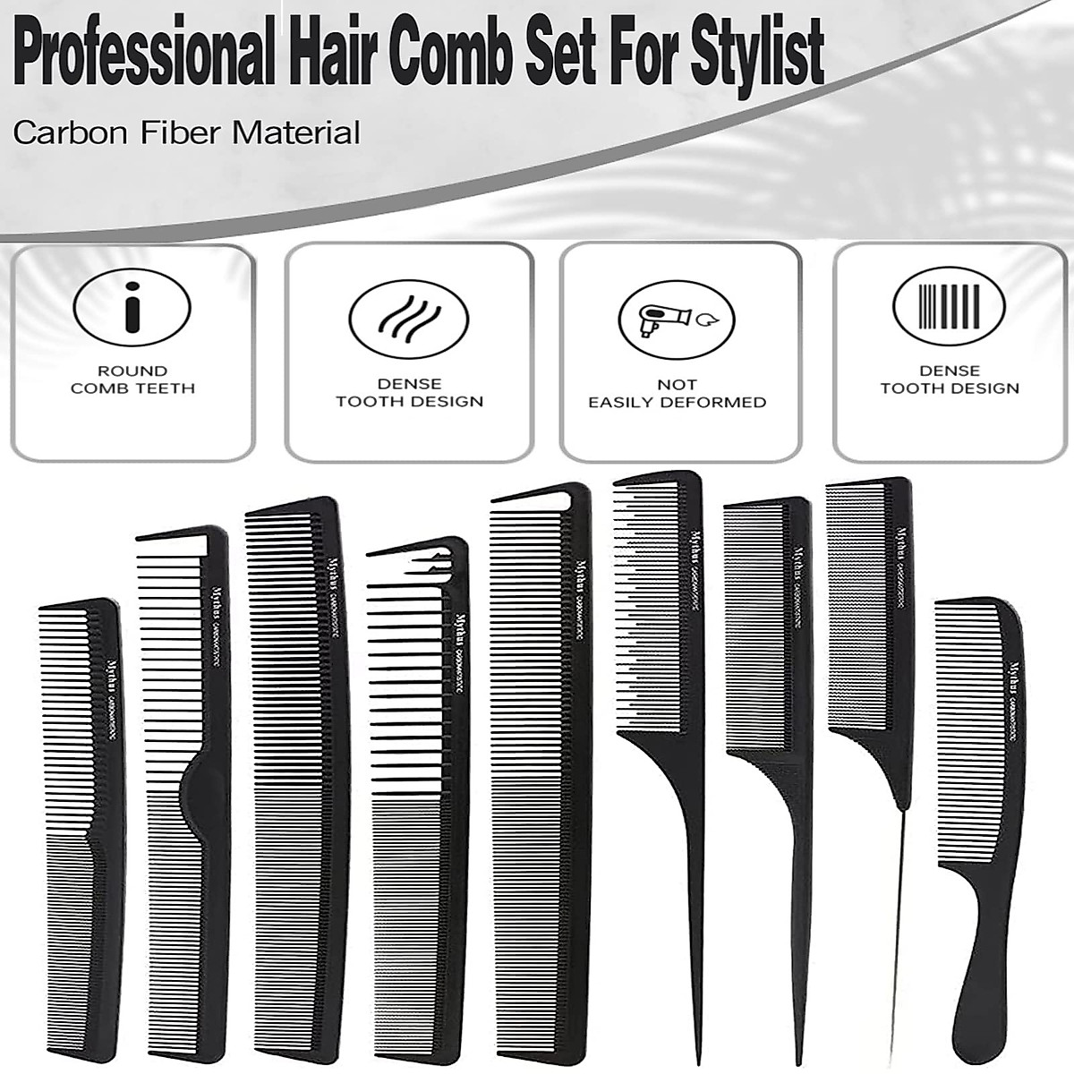 CestoMen 9pcs Carbon Fiber Stylist Combs Set, Anti Static Hair Cutting Comb Salon Styling Hairdressing Carbon Combs Rat Tail Comb for All Hair - Black
