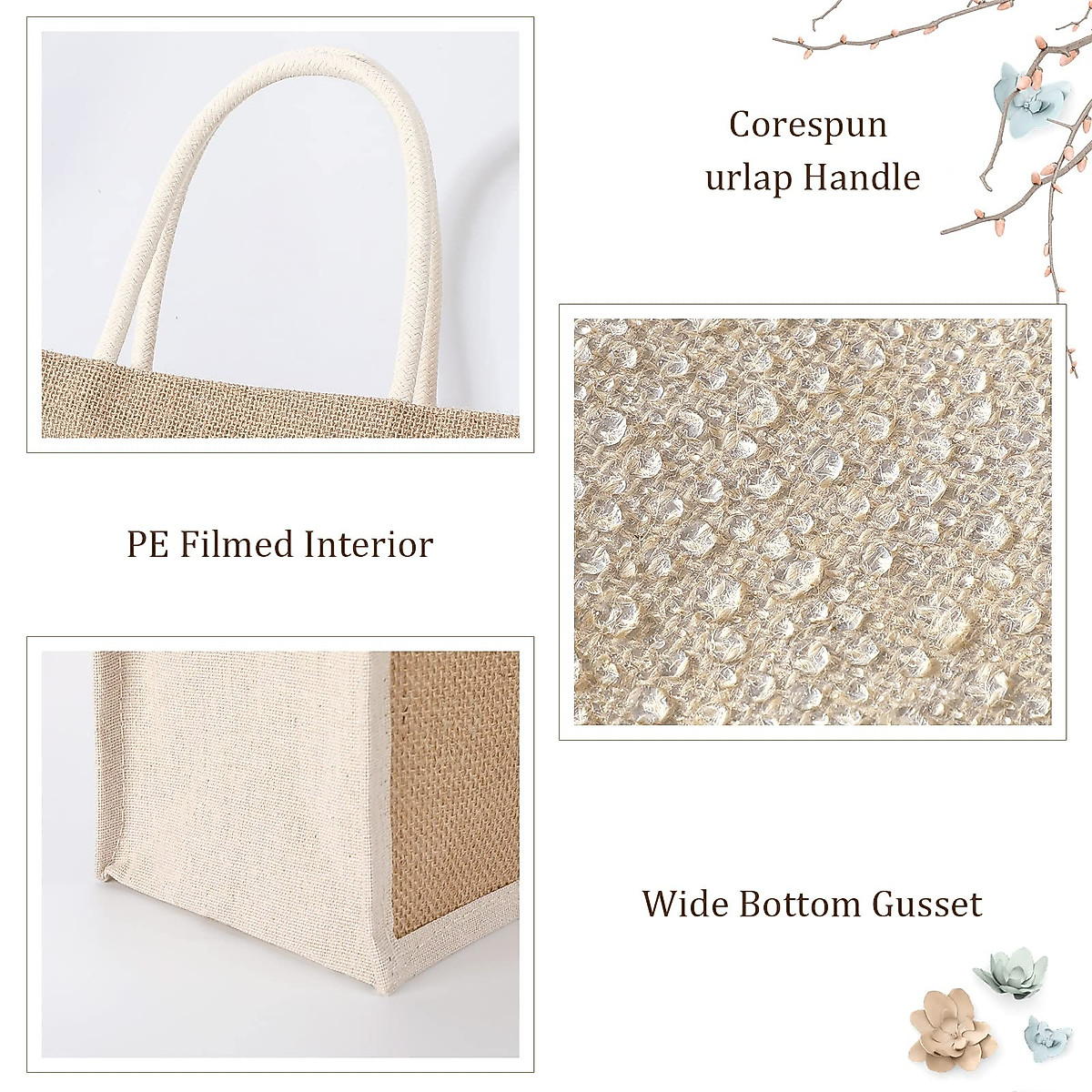 Nuogo 6 Pcs Burlap Gift Bags Jute Tote Bags with Handle Large Reusable Jute Canvas Gift Favors Bag for Christmas DIY Women Market Grocery Shopping, Beach Trip, Mother Bridesmaid Wedding