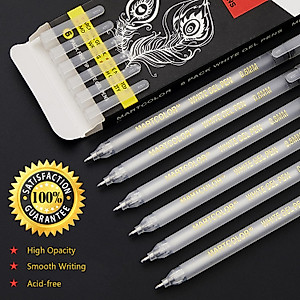 MARTCOLOR White Gel Pens Set, 6 Pack, 0.8mm Fine Point Pens Gel Ink Pens For Artists, Archival Ink Pens, White highlight Pens for Black Paper Drawing, Illustration, Sketching, Writing