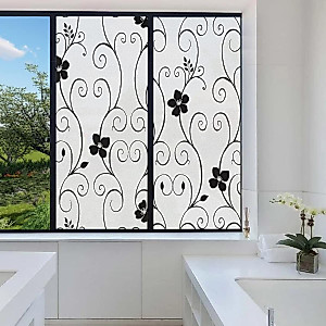 DUOFIRE Privacy Window Film Natural Frosted and Black Flower Static Cling Glass Film