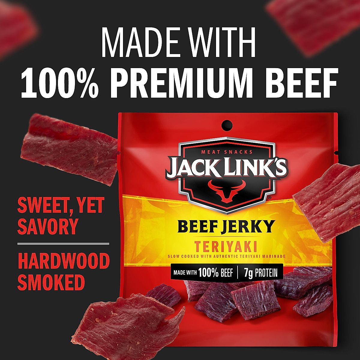 Jack Link's Beef Jerky, Teriyaki, Multipack Bags Flavorful Meat Snacks for Lunches, Ready to Eat Protein Snacks, Individual Packs - 7g of Protein, Made with 100% Beef 0.625 oz (Pack of 5)