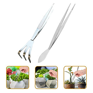 GANAZONO Stainless Steel Spatula 2pcs Bonsai Tweezers Curved Serrated Tips with Spatula Stainless Steel Japanese Professional Bonsai Tools Gardening Tool Rake Tweezers for Bonsai Planter Multitools
