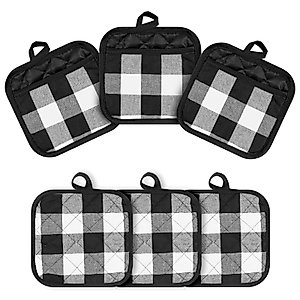 Whaline 6pcs Christmas Buffalo Plaid Hot Pot Holders Cotton Hot Pad with Pocket Reusable Heat Resistant Oven Mint for Kitchen Cooking and Baking (White Black)
