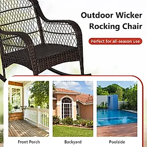 Tangkula Outdoor Wicker Rocking Chair, Patio Rattan Rocker with Seat Back Cushions & Waist Pillow, Sturdy Metal Frame, Mix Brown Outdoor Rocker for Balcony, Porch, Backyard (1, Orange)