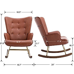 CIMOTA Leather Rocking Chair Nursery, Modern Armchair Tufted Wingback Comfy Rocker Chair with Thick Padded Seat for Nursery/Bedroom/Living Room, Faux Leather Retro Brown