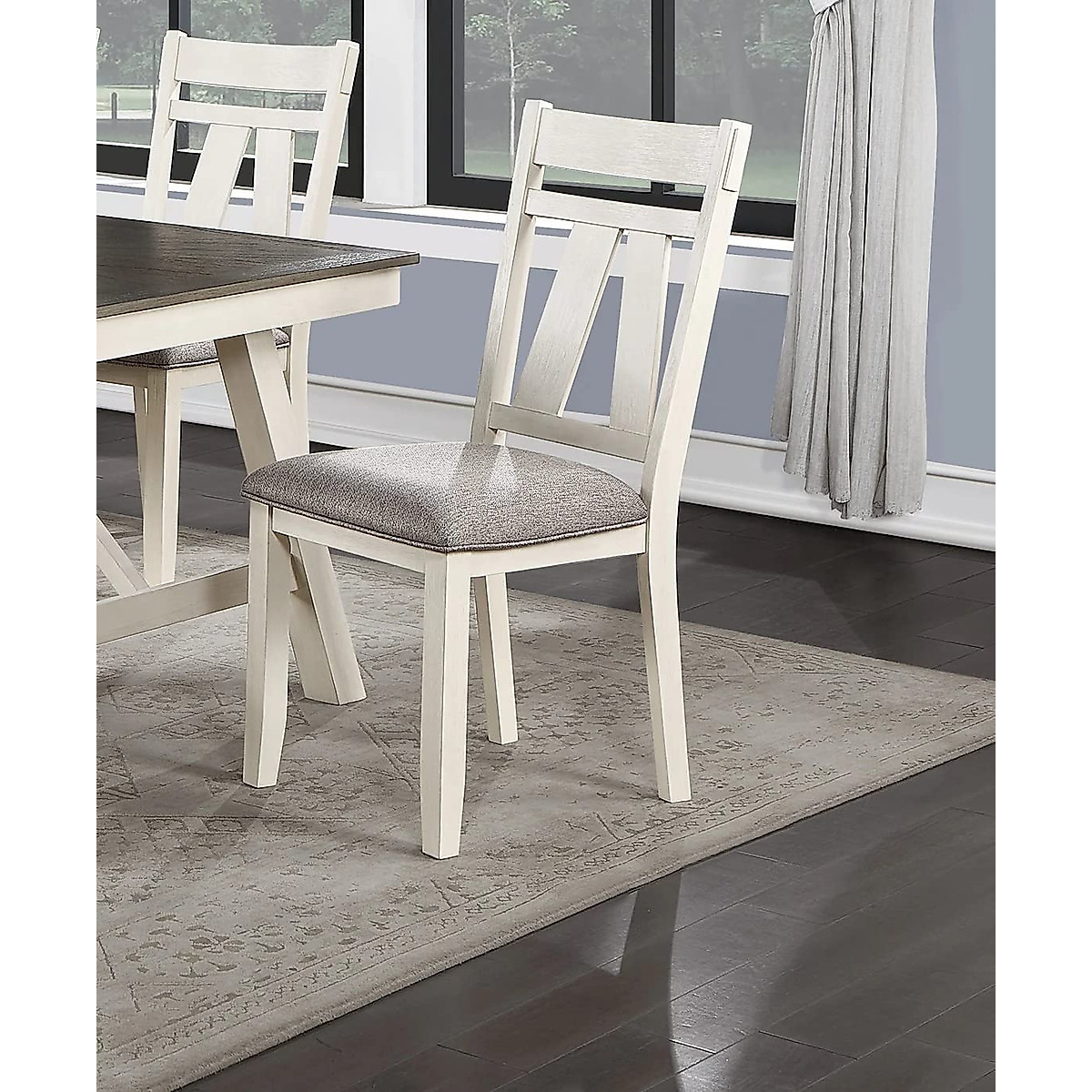 Dining Room Furniture 6pc Dining Set Table w Leaf and 4X Side Chairs 1x Bench Gray Fabric Cushion Seat White Clean Lines Wooden Table Top