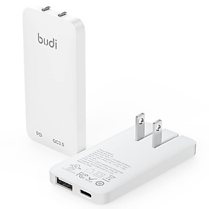 BUDI 20W Extra Slim Portable Wall Charger 2-Port Wall Charger Convenient Travel Accessories Compatible with MacBook and IPad iPhone Samsung Galaxy USB C Laptop Switch, Etc. (20W USB-A&Type-C)