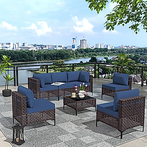 Halmuz 7 Piece Patio Furniture Set Outdoor Conversation Sofa Set, Skeleton Brown PE Rattan Wicker Furniture Patio Sofa w/Tempered Glass Top Table,Outdoor Furniture for Patio,Yard,Pool(Navy)