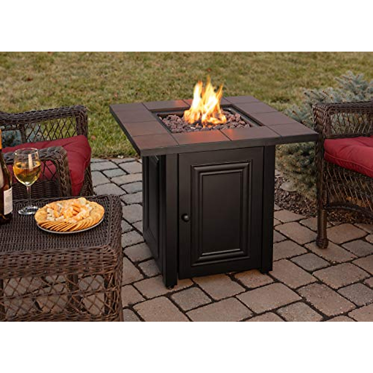 Endless Summer, The Vanderbilt, Square 28" Outdoor Propane Fire Pit with Handcrafted Ceramic Tile Mantel and Lava Rock