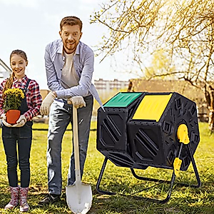 F2C Dual Chamber 37 Gallon Compost Tumbler All-Season Outdoor BPA Free Large Composter Bin w/ 2 Sliding Doors and Solid Steel Frame (37 Gallon)