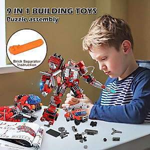 REMOKING Building Toys, STEM 9-in-1 Fire Truck Robot Building Block Model Kit Toy, Learning Educational 642 Pcs Building Bricks Gifts for Kids Boys Girls Ages 6 7 8 9 10 11 12 Years Old