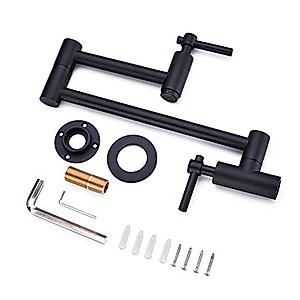 BZOOSIU Pot Filler Faucet Wall Mount, Double Joint Swing Arms Solid Brass Folding Faucet, Single Hole Two Handles Wall Mount Kitchen Faucet, Matte Black
