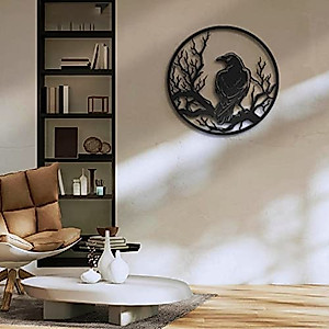 Raven Metal Wall Art with LED Light Crow Moon Sign Home Decor Black Horror Bird Decoration Man Cave Hanging Door Housewarming Halloween