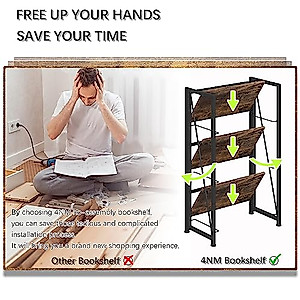 4NM No-Assembly Folding Bookshelf Storage Shelves 3 Tiers Vintage Bookcase Standing Racks Study Organizer Home Office (Rustic Brown and Black)