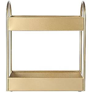 MyGift 2 Tier Gold Metal Bathroom Countertop Vanity Makeup Organizer Display Shelf with Decorative Handles, Cosmetic and Accessories Storage Rack