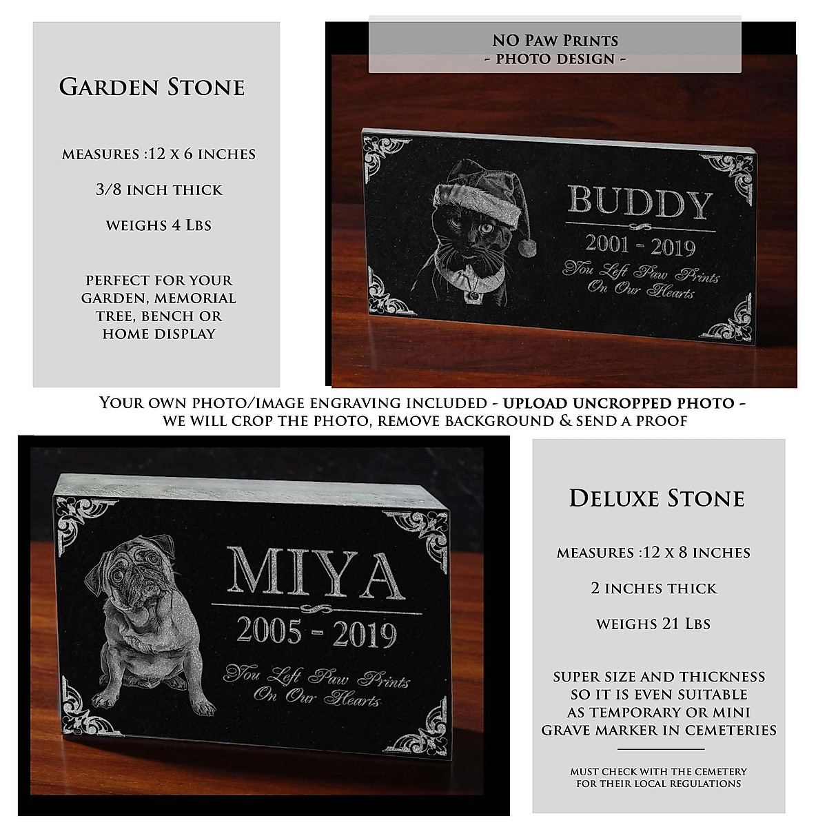 You Left Paw Prints on Our Hearts Pet Memorial Stones Personalized Headstone Grave Marker Absolute Black Granite Garden Plaque Engraved with Dog Cat Name Dates