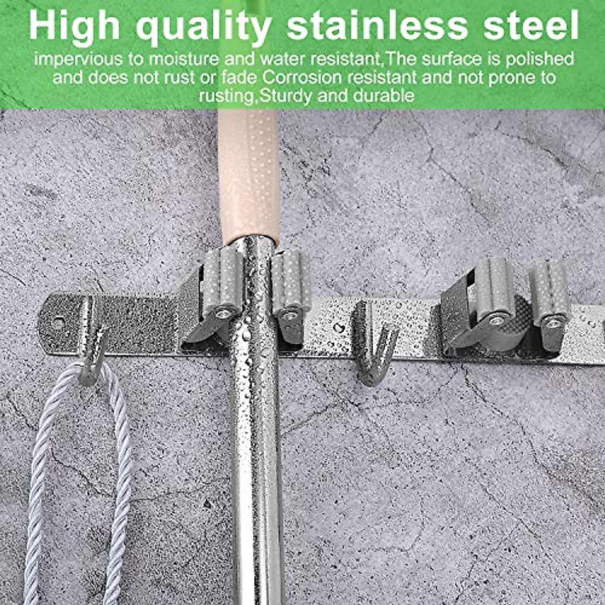 Mop and Broom Holder Wall Mount, SullWaker 3 Position with 4 Hooks Can Hold 7 Tools Stainless Steel Broom Organizer Wall Mount, Storage Hook Suitable for Home, Kitchen, Bathroom, Garage 1 Pack