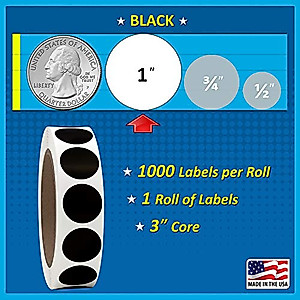 1" Solid Black Round Color Coding Circle Dot Labels on a Roll, 1000 Stickers, 1 inch Diameter.