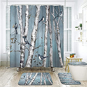 DuoBaorom 4 Pieces Set Birch Tree Shower Curtain Set Abstract Blue White Forest Birds Picture on Non-Slip Rugs Toilet Lid Cover Bath Mat and Bathroom Curtain with 12 Hooks 72x72inch