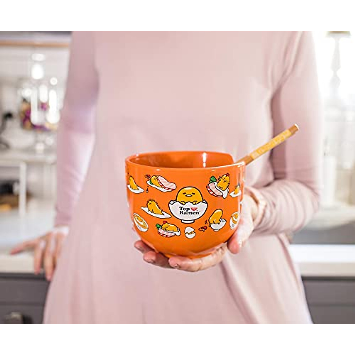 Gudetama Japanese Ceramic Dinnerware Set | Includes 20-Ounce Ramen Bowl and Wooden Chopsticks | Asian Food Dish Set For Home Kitchen | Kawaii Anime Gifts, Official Sanrio Lazy Egg Collectible