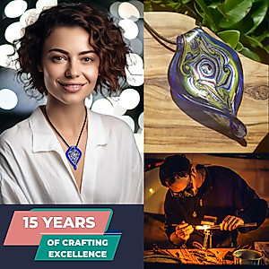 BESHEEK Handmade Murano Inspired Blown Abstract Glass Lampwork Art Pendant Necklace for Women Handcrafted Artisan Hypoallergenic Italian Style Jewelry (Cobalt Blue Swirls Twisted Leaf)