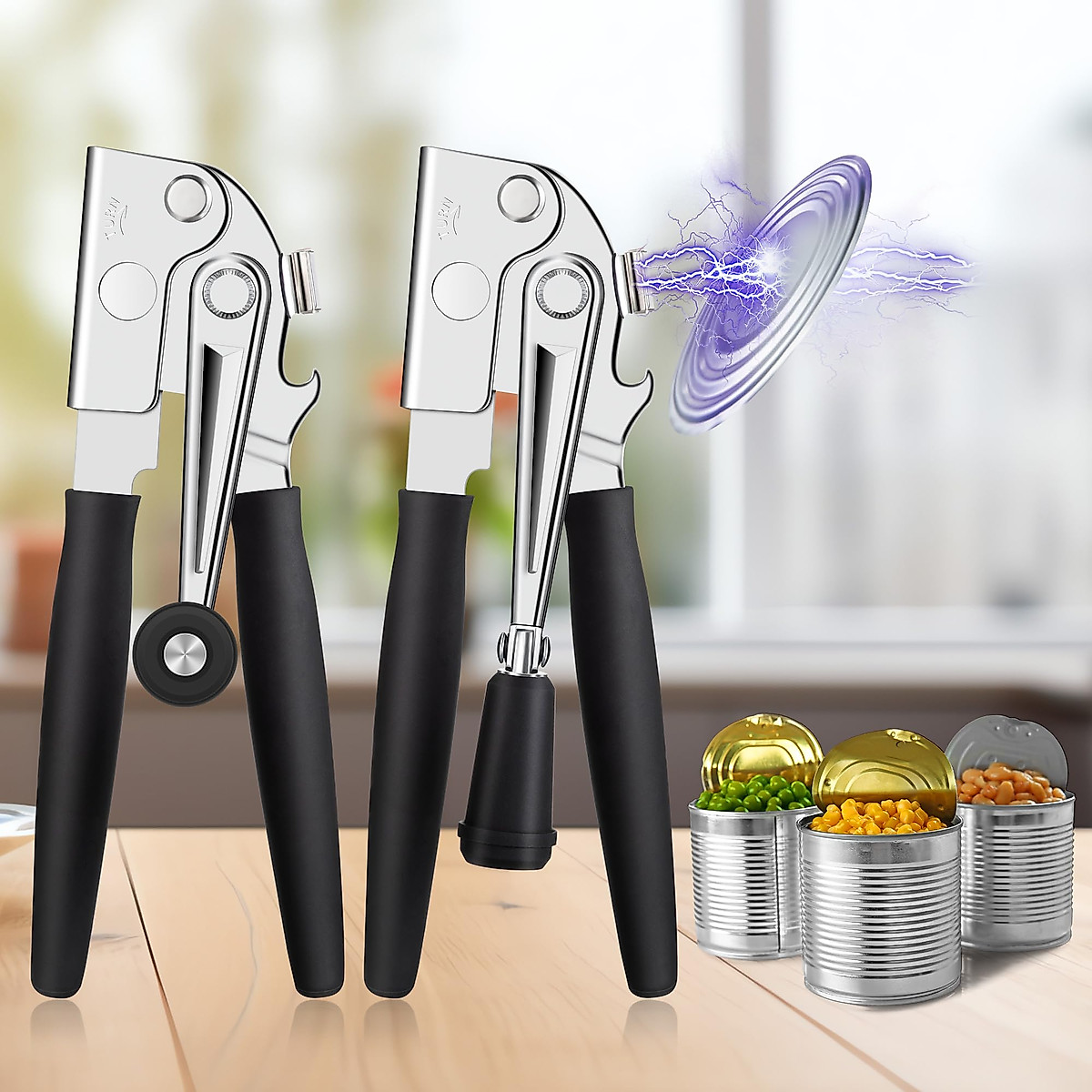 Dreyoo 2 Pack Commercial Can Opener Manual, Can Opener with Magnet, Heavy Duty Hand Can Opener Smooth Edge, Can Opener Nice for Seniors and Kids, Save Effort Fit All Size Cans, Large Cans