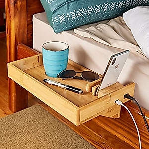 House Ur Home Bamboo Bedside Shelf for Bed, Dorm Bed Shelf fits a Laptop, Books, and Drink, Removeable Bedside Tray with USB Ports to Charge Devices, Versatile bunk Bed Shelf for Small Spaces & loft
