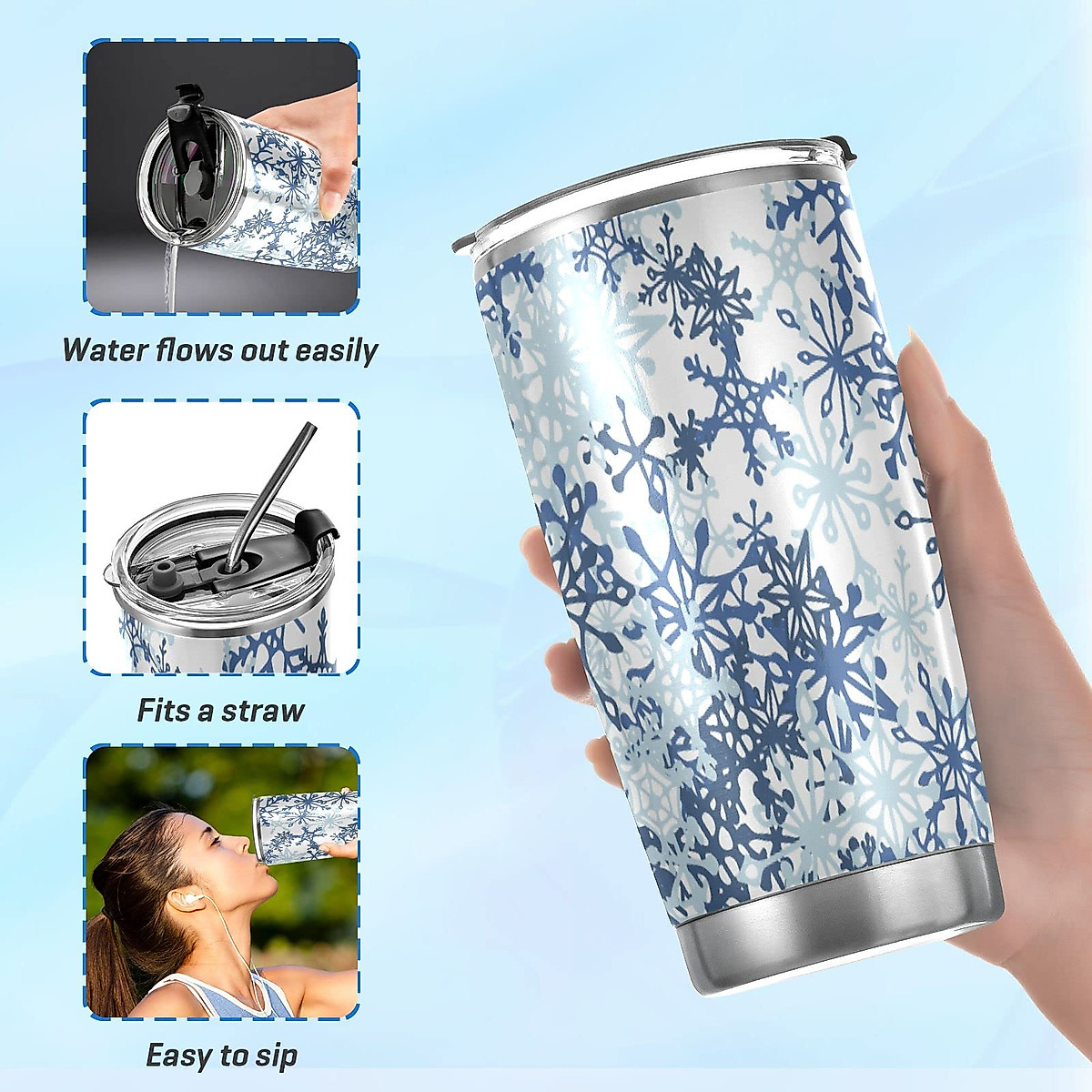 Yasala Christmas Tumbler Winter Snowflake Blue Insulated Coffee Cup Beverage Container Office Travel Mug with Straw and Lid 20oz Holiday Back to School Gift