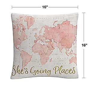 Trademark Fine Art Across The World Shes Going Places Pink by Sue Schlabach, 16x16 Decorative Throw Pillow, 1 Count (Pack of 1)